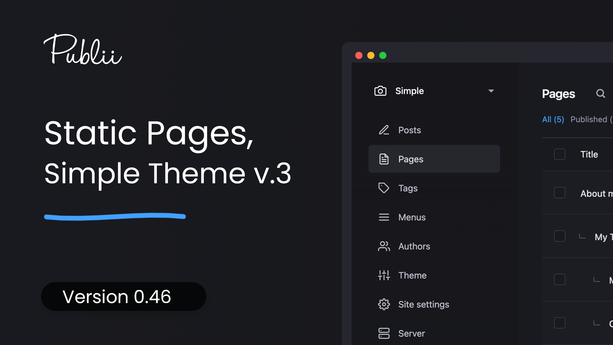 Publii CMS v0.46.x: New Pages Feature, Improved Sync, redesigned Simple theme v.3